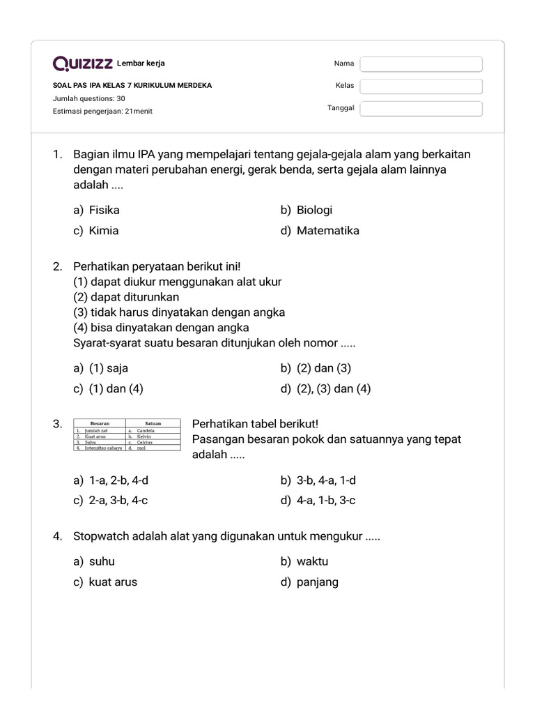 Soal Pas Ipa Kelas 7 Kurikulum Merdeka - Quizizz | PDF