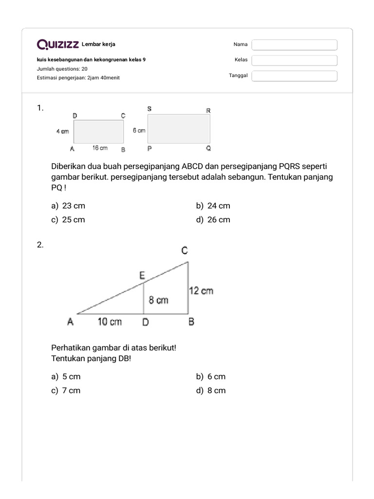 Kuis Kesebangunan Dan Kekongruenan Kelas 9 - Quizizz | PDF