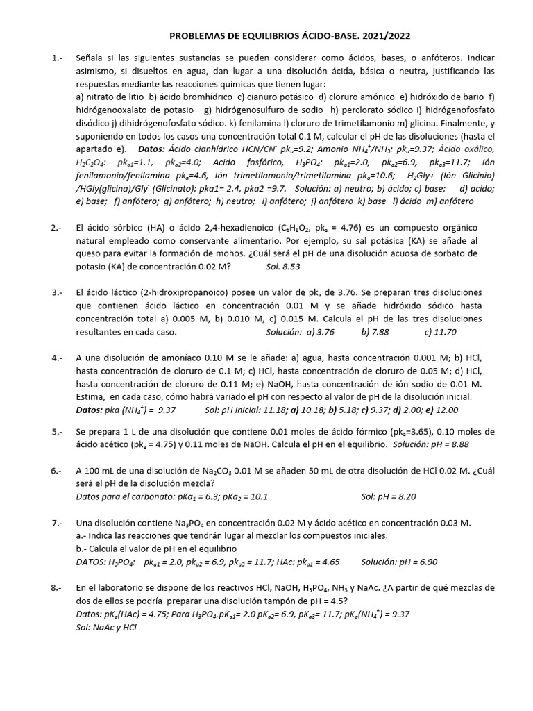 Problemas de Equilibrios Ã Cido-Base 21-22 | PDF | Constante de disociación ácida | Ácido