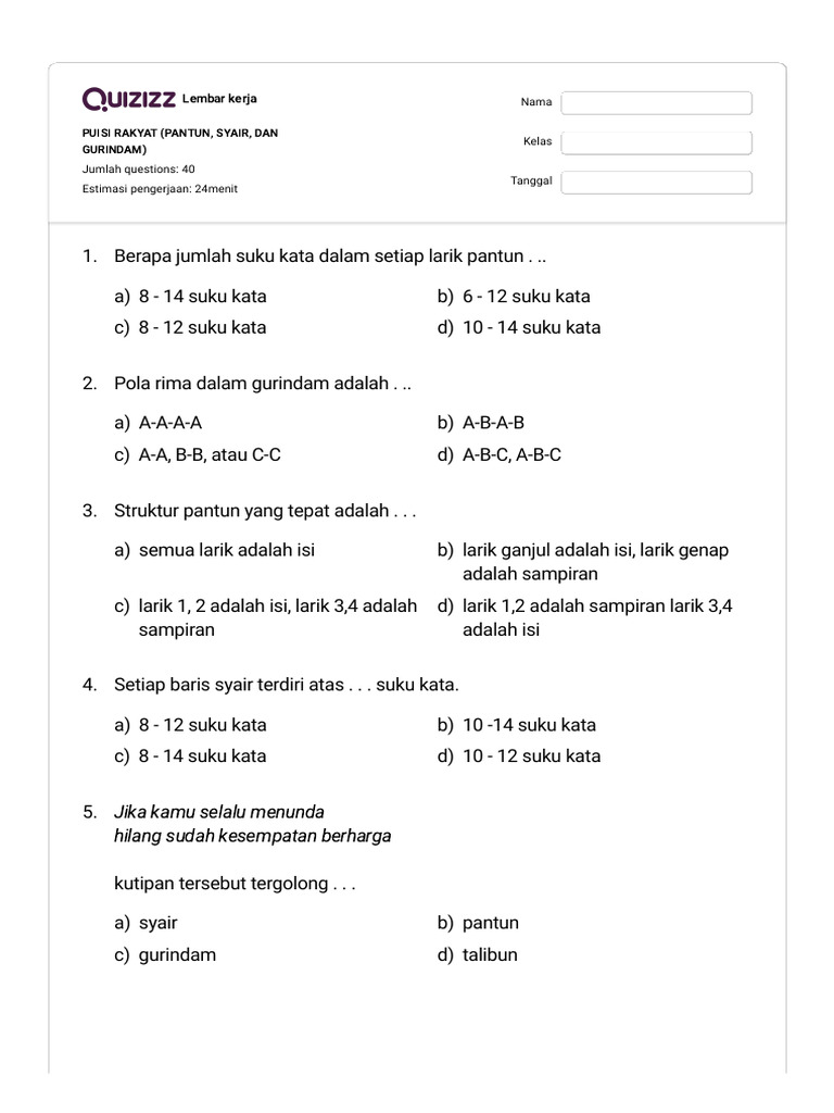 Puisi Rakyat (Pantun, Syair, Dan Gurindam) - Quizizz | PDF | Puisi
