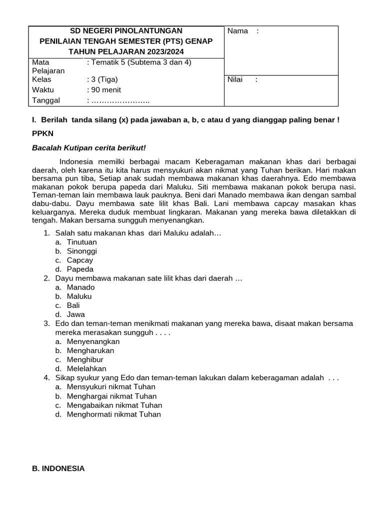 SOAL PTS KELAS 3 Hari Ke 2 (Tema 5 Sub 3 4) | PDF