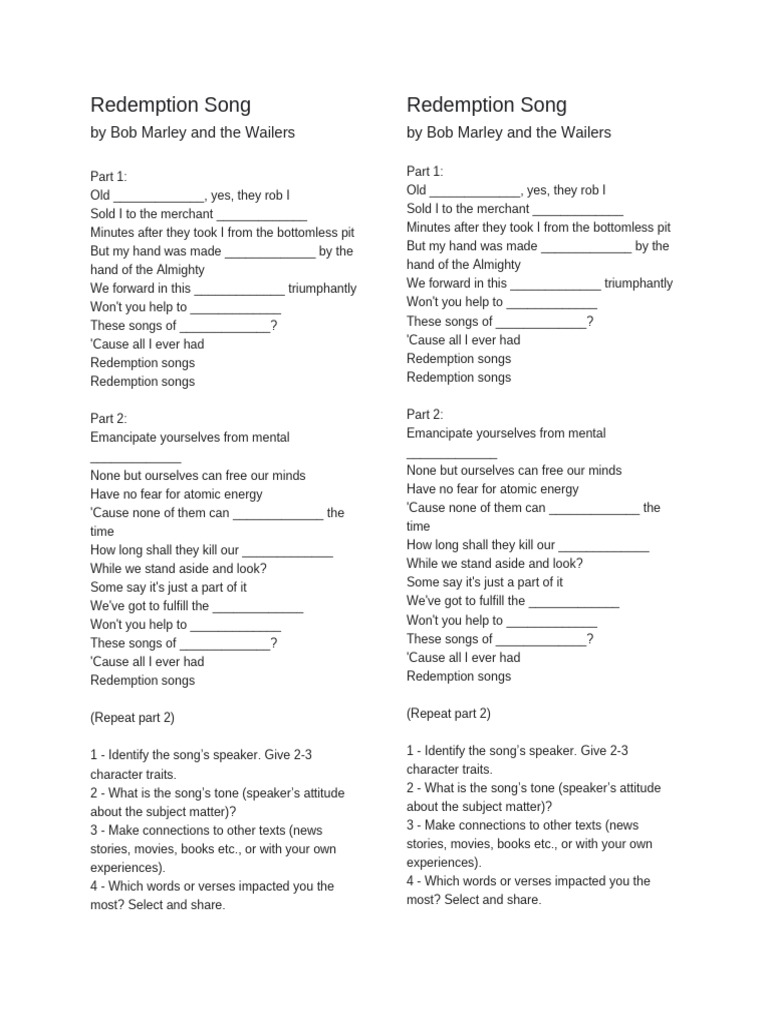 Redemption Song - Bob Marley | PDF | Language Arts & Discipline ...
