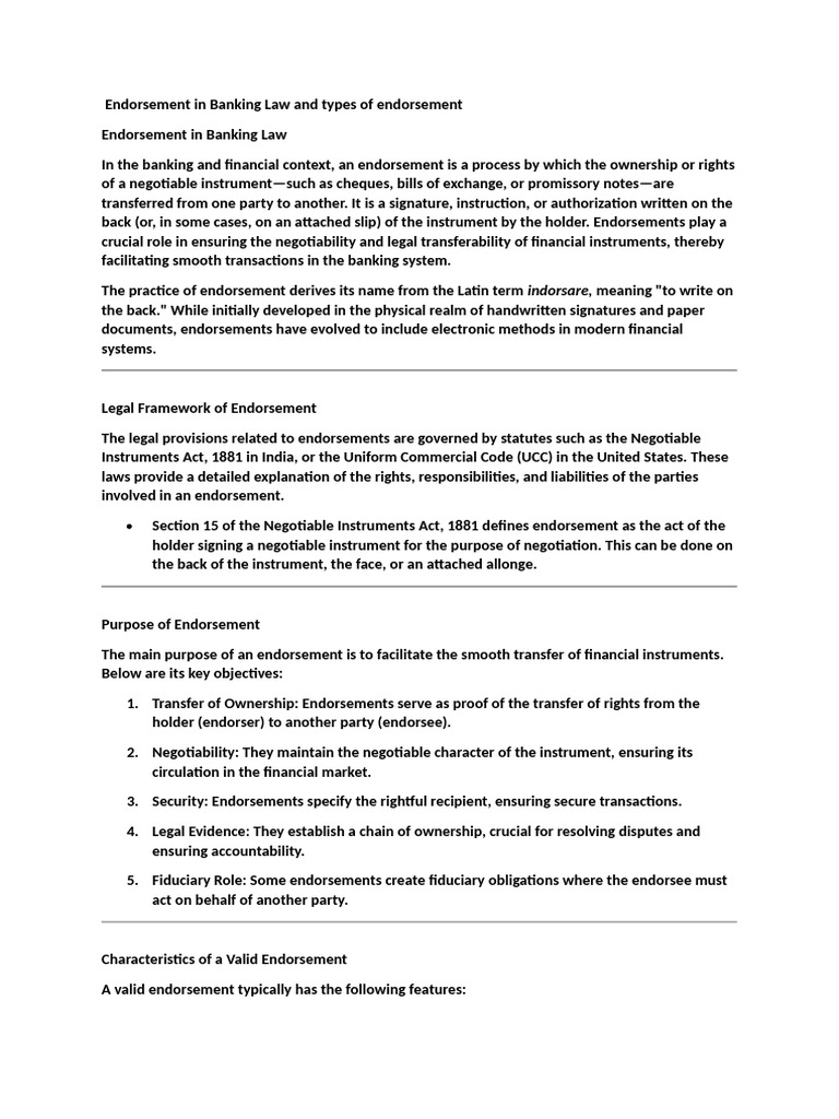 Types and Importance of Bank Endorsements | PDF | Negotiable Instrument ...