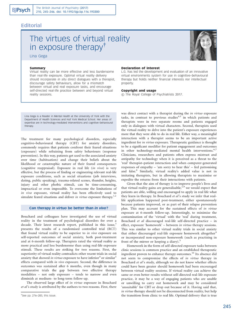 Virtues of Virtual Reality in Exposure Therapy | PDF | Cognitive ...