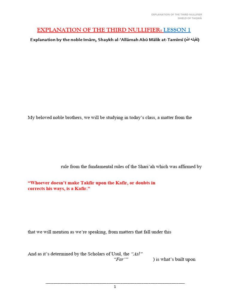Explanation of The Third Nullifier of Islām (Lesson 1) by Shaykh Abū ...