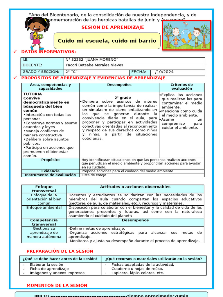 Sesión Cuido Mi Escuela y Barrio | PDF | Evaluación | Aprendizaje