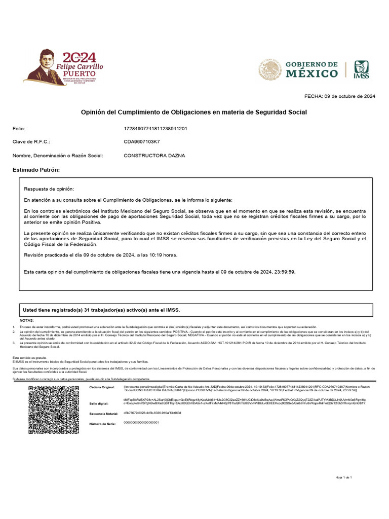 Opinión de Cumplimiento IMSS 2024 | PDF
