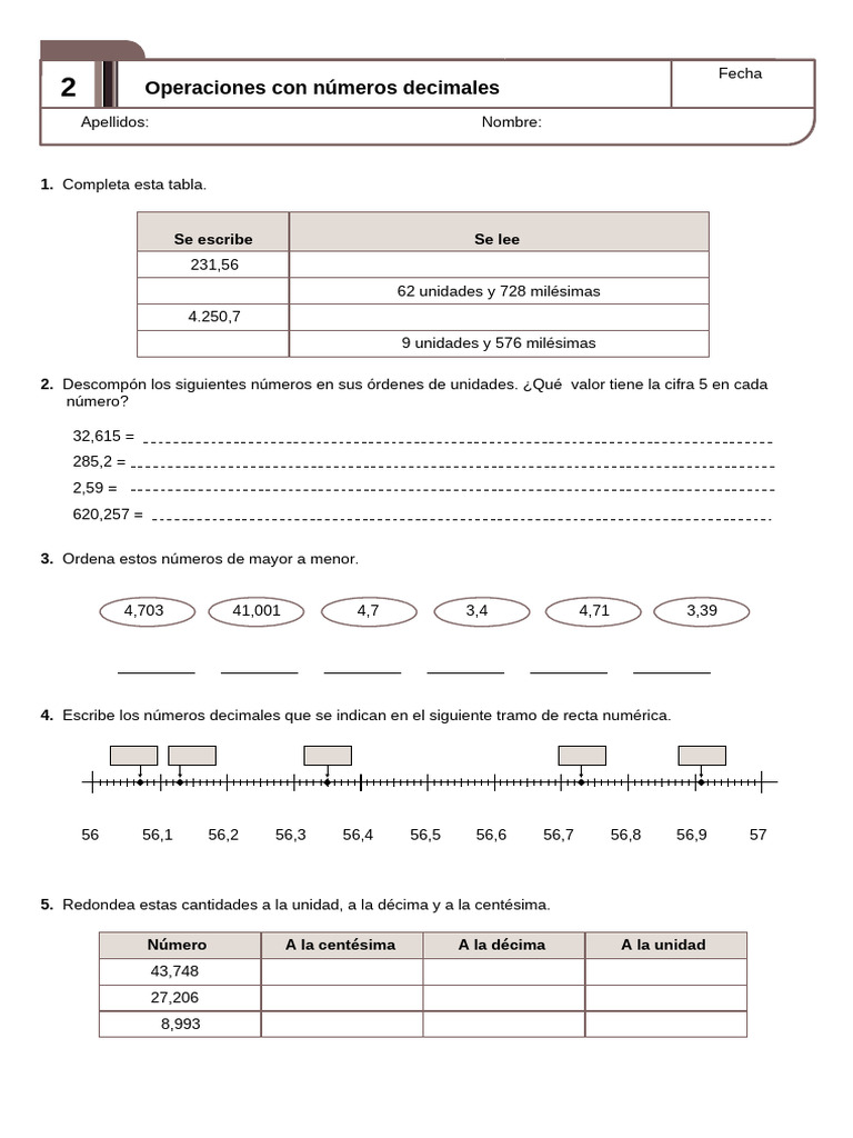Ejercicios de Números Decimales y Operaciones | PDF