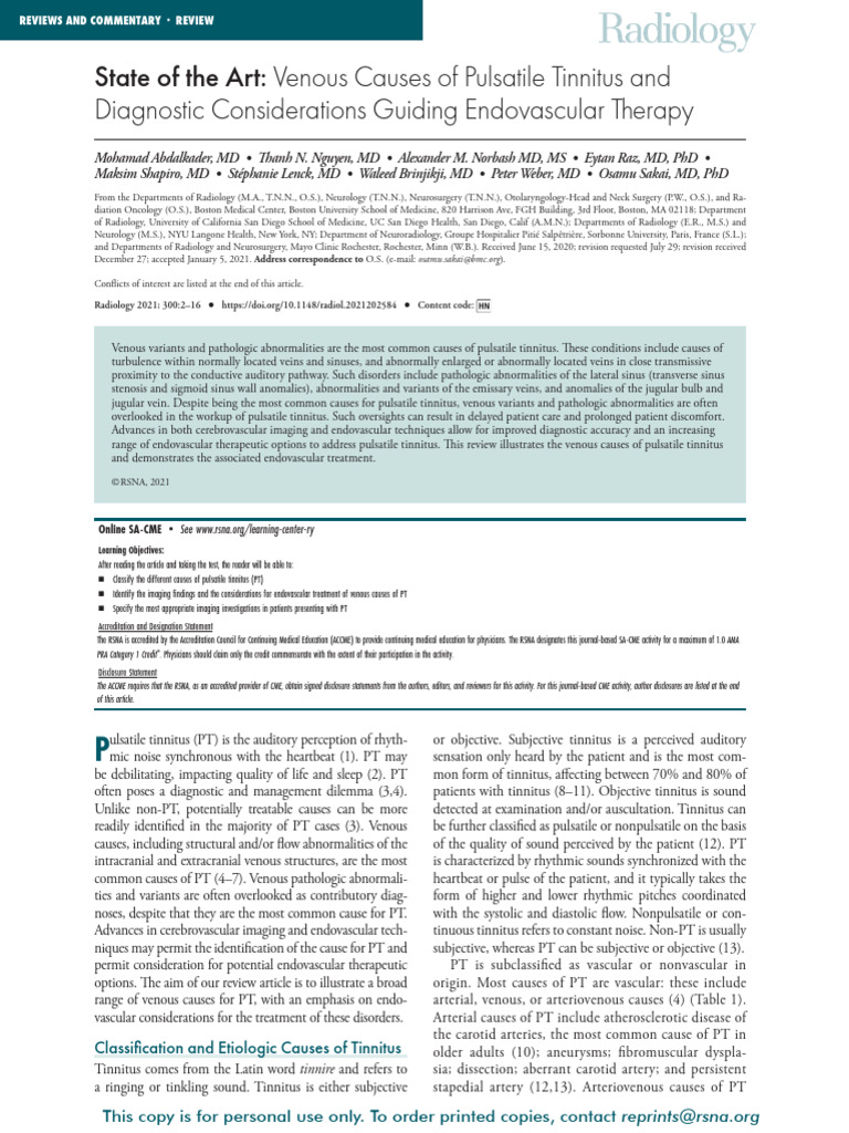 Venous Causes of Pulsatile Tinnitus ENDOVASCULAR TREATMENT | PDF | Tinnitus | Vein