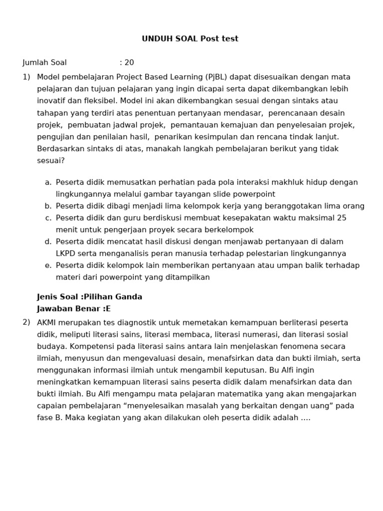 Lembar Soal Post Test | PDF