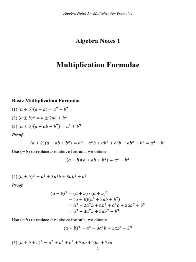 Algebra Notes 1 - Multiplication Formulae | PDF | Mathematics ...