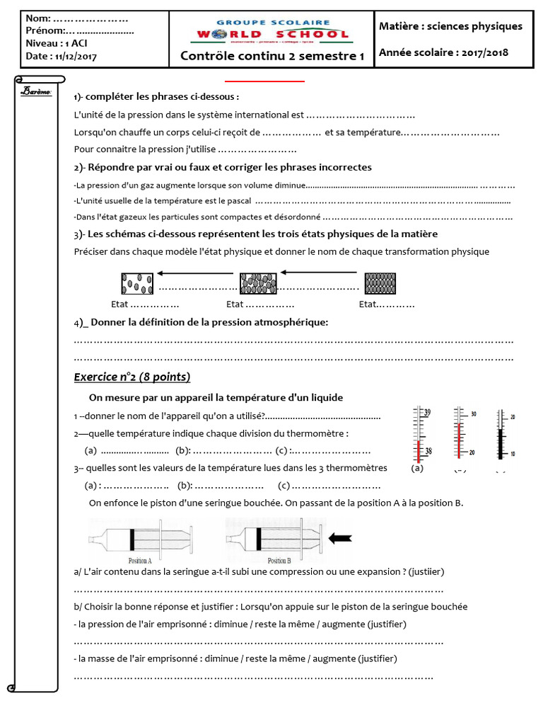 C2 PC SEM1 7eme FR Mod1 | PDF | Thermomètre | Pression