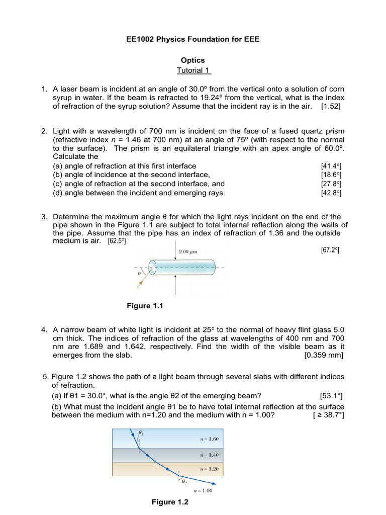 Optics Tutorial: Refraction Problems | PDF | Science & Mathematics