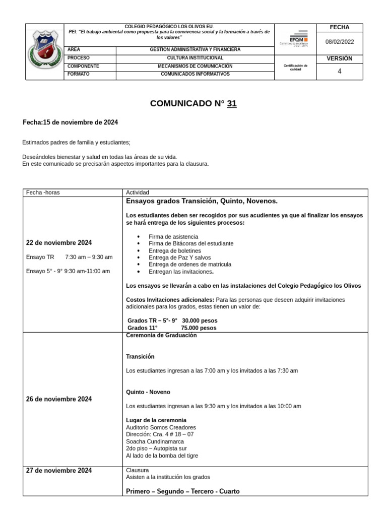 Comunicado 31 Clausura 15 - Nov - 2024 | PDF