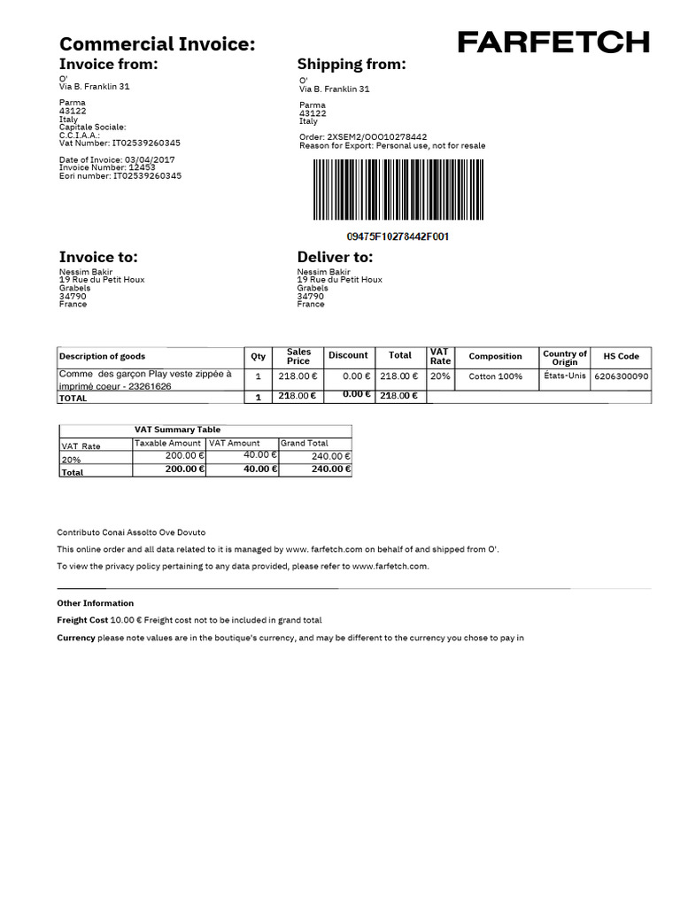Farfetch Invoice Summary and Details | PDF