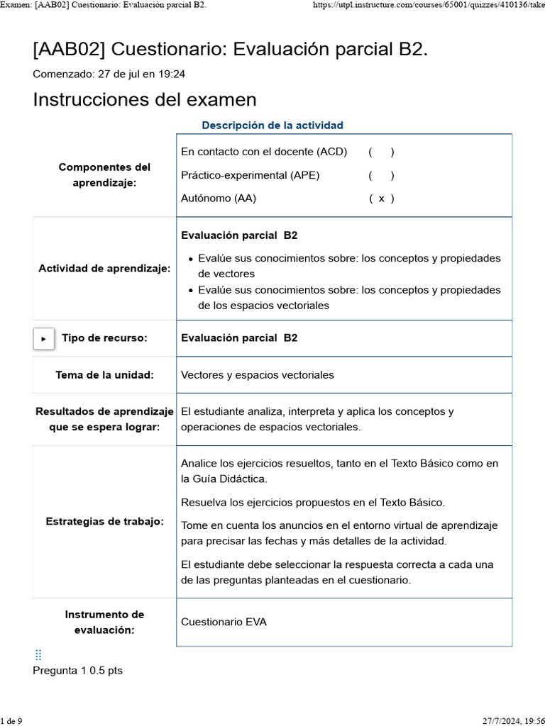 Cuestionario de Algebra Lineal 2do Bimestre | PDF | Espacio vectorial | Base (álgebra lineal)