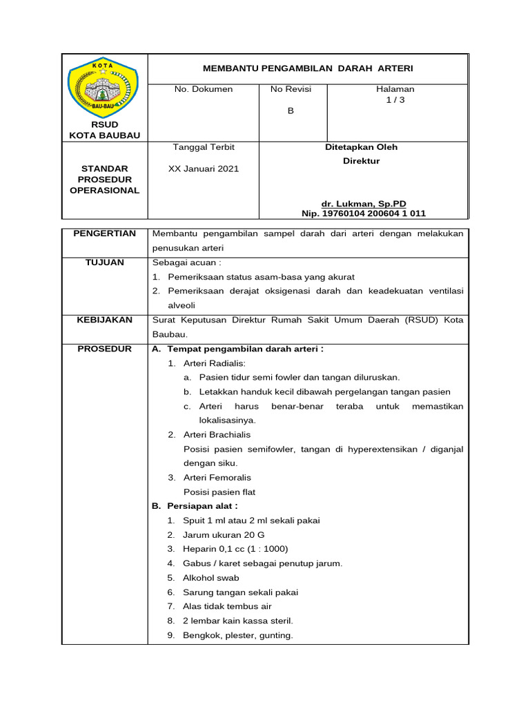 Sop Membantu Pengambilan Darah Arteri Agd | PDF
