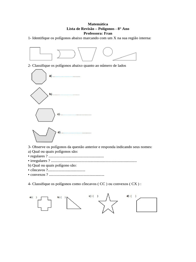 Exercicios de Polígonos 8° Ano | PDF | Polígono | Geometria Euclidiana
