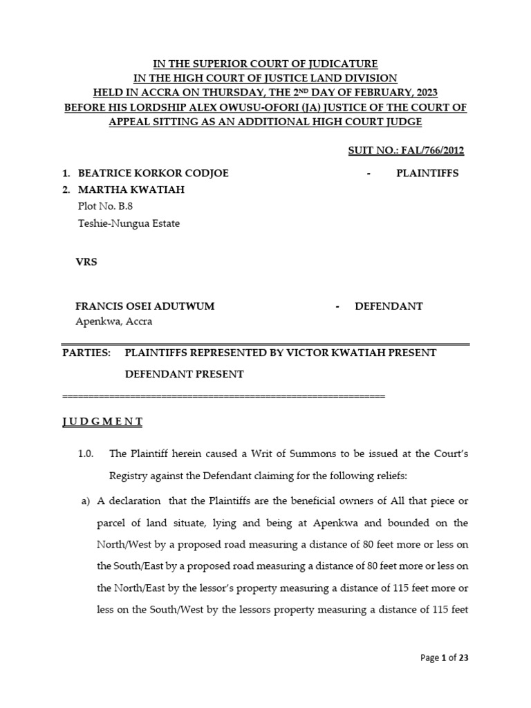 Codjoe and Another Vrs Adutwum 2023 GHAHC 7 (2 February 2023) | PDF ...