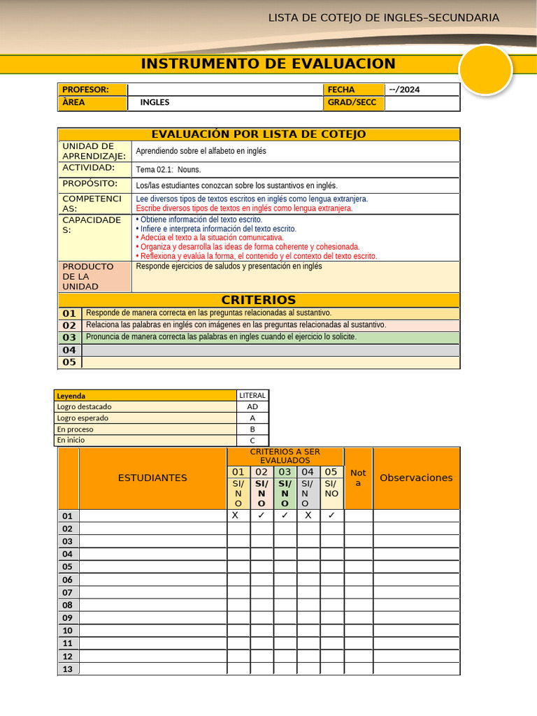 5° Lista de Cotejo Actv 02.1 Ingles | PDF | Evaluación | Aprendizaje