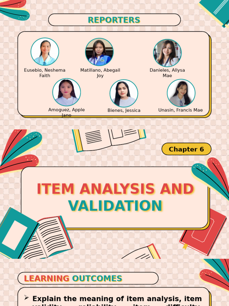 Chapter 6 Item Analysis and Validation Assessment in Learning 1 | PDF | Validity (Statistics ...