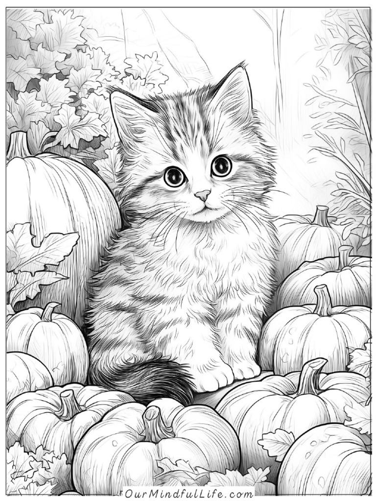 Cat On A Pumpkin Patch Coloring Page | PDF