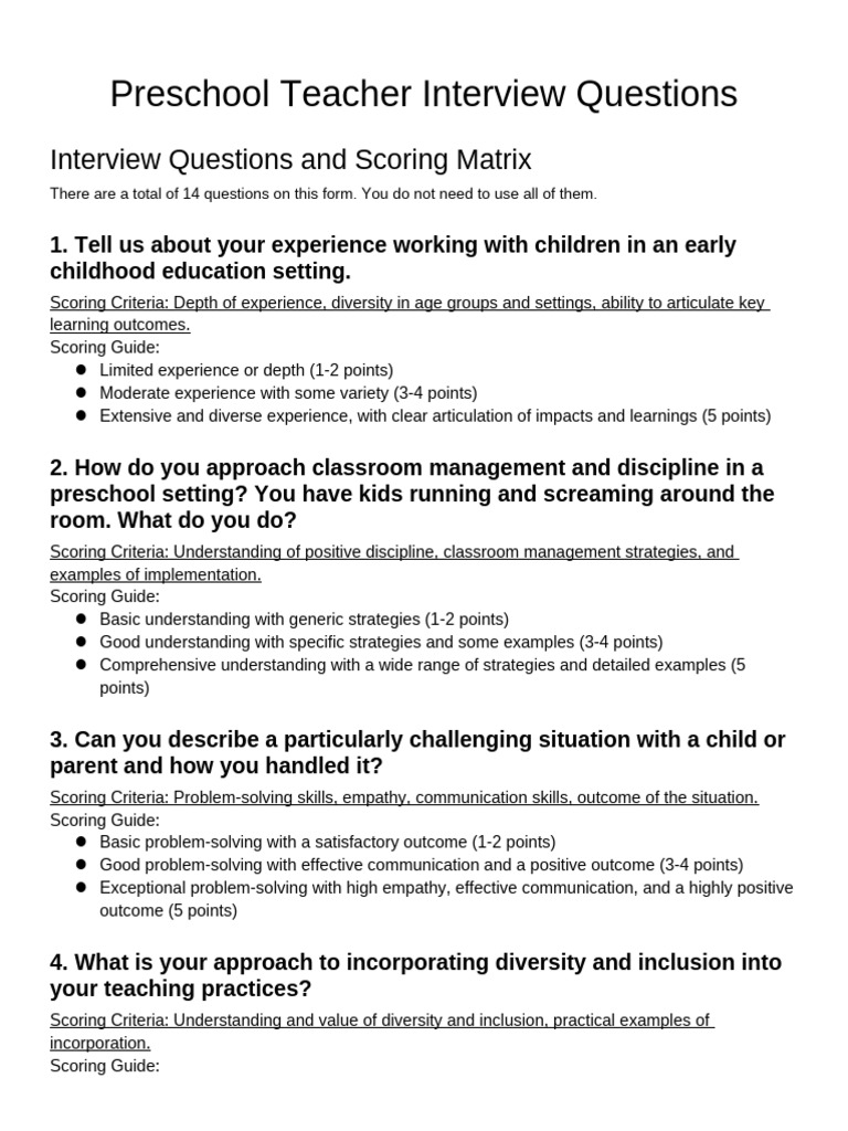 Preschool Teacher Interview Questions and Scoring Matrix | PDF ...