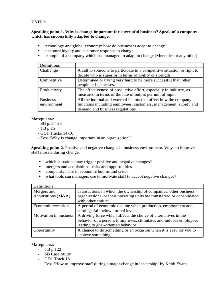 Speaking Points Unit 3 Corrected | PDF | Mergers And Acquisitions | Employment