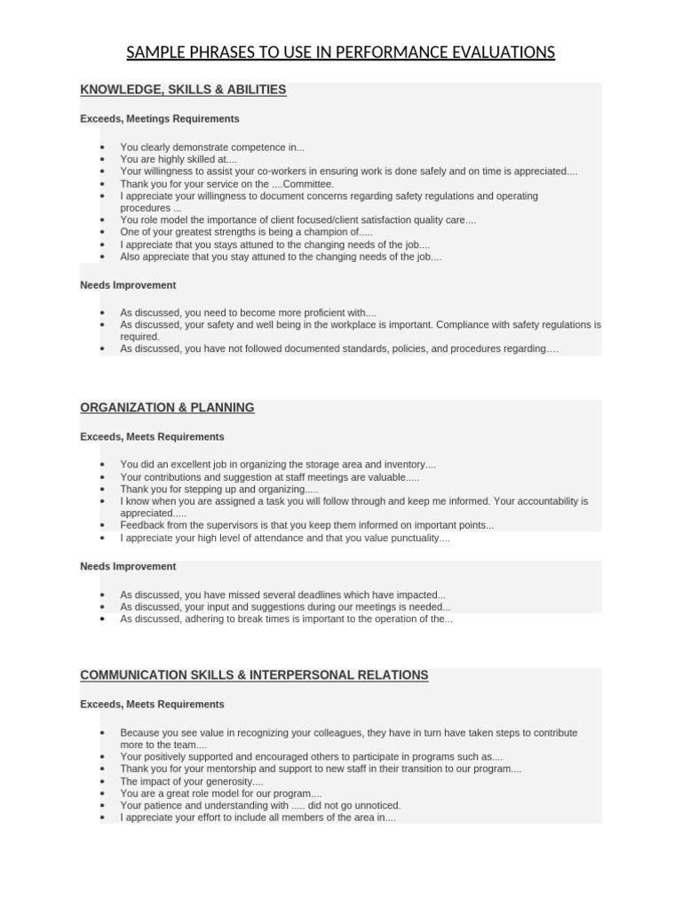 Performance Evaluation Phrases Guide | PDF | Performance Appraisal ...