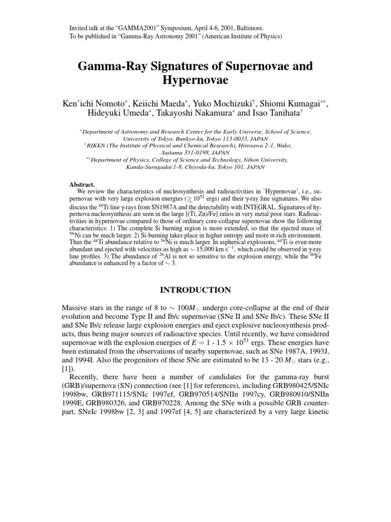 Ken'ichi Nomoto Et Al - Gamma-Ray Signatures of Supernovae and ...