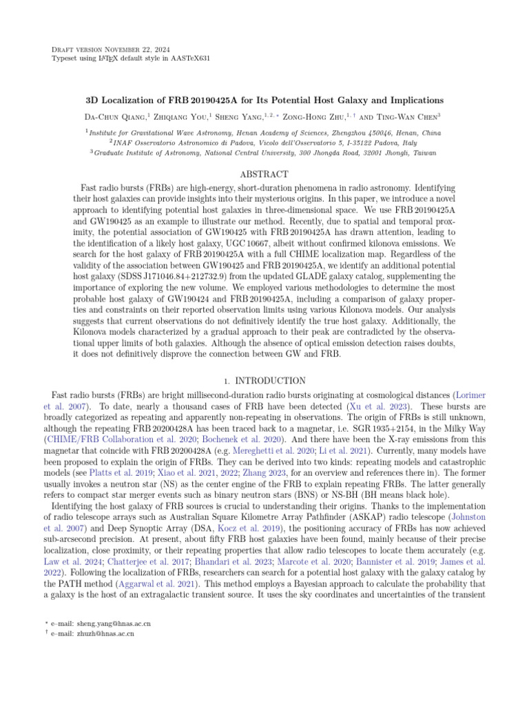 3D Localization of FRB 20190425A For Its Potential Host Galaxy and Implications | PDF | Ligo ...