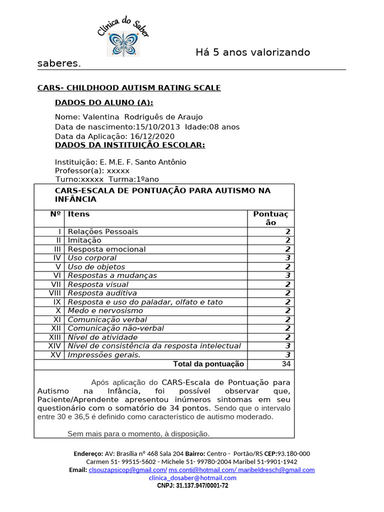 Cars - Escala de Pontuação para Autismo Infântil | PDF | Espectro do ...