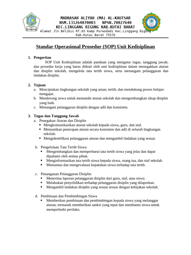 Standar Operasional Prosedur SOP Unit Kedisiplinan | PDF