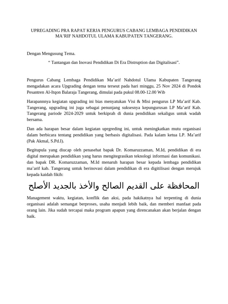Upregading Pra Rapat Kerja Pengurus Cabang Lembaga Pendidikan Ma | PDF