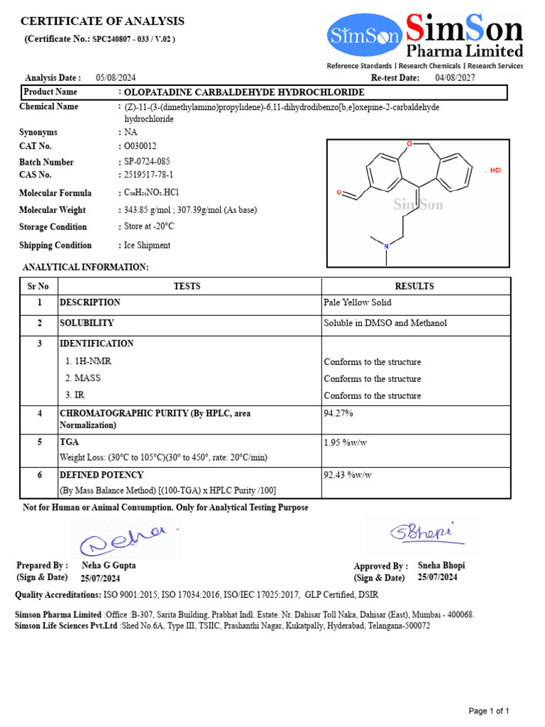 20 - Olopatadine Carbaldehyde Hydrochloride Revised Coa and Data Labvision 07.08.2024 | PDF ...