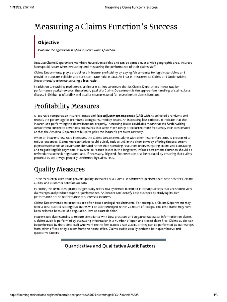 Measuring A Claims Function's Success | PDF