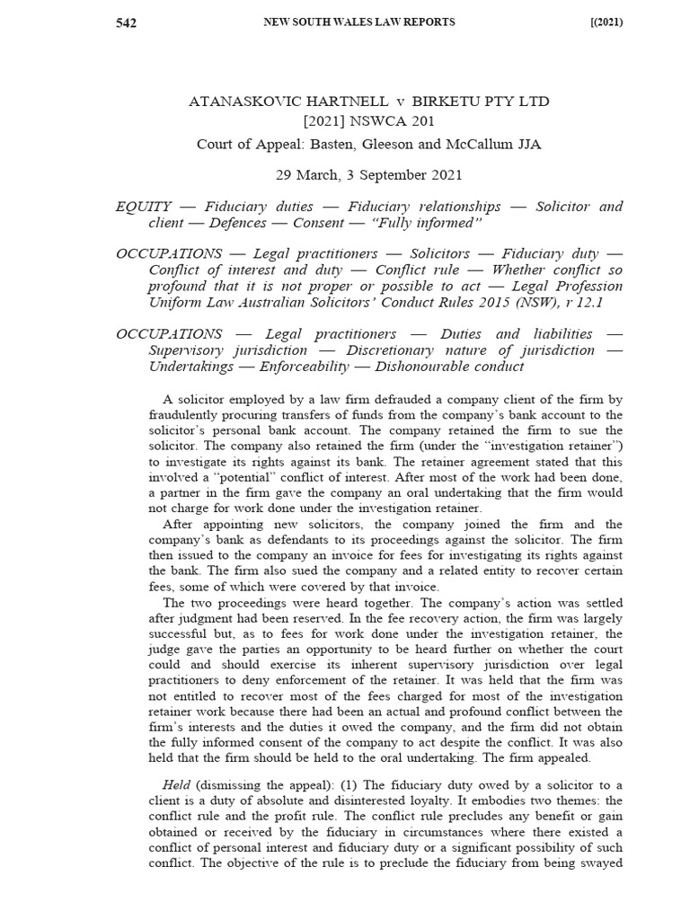 Atanaskovic Hartnell V Birketu Pty LTD | PDF | Fiduciary | Judgment (Law)