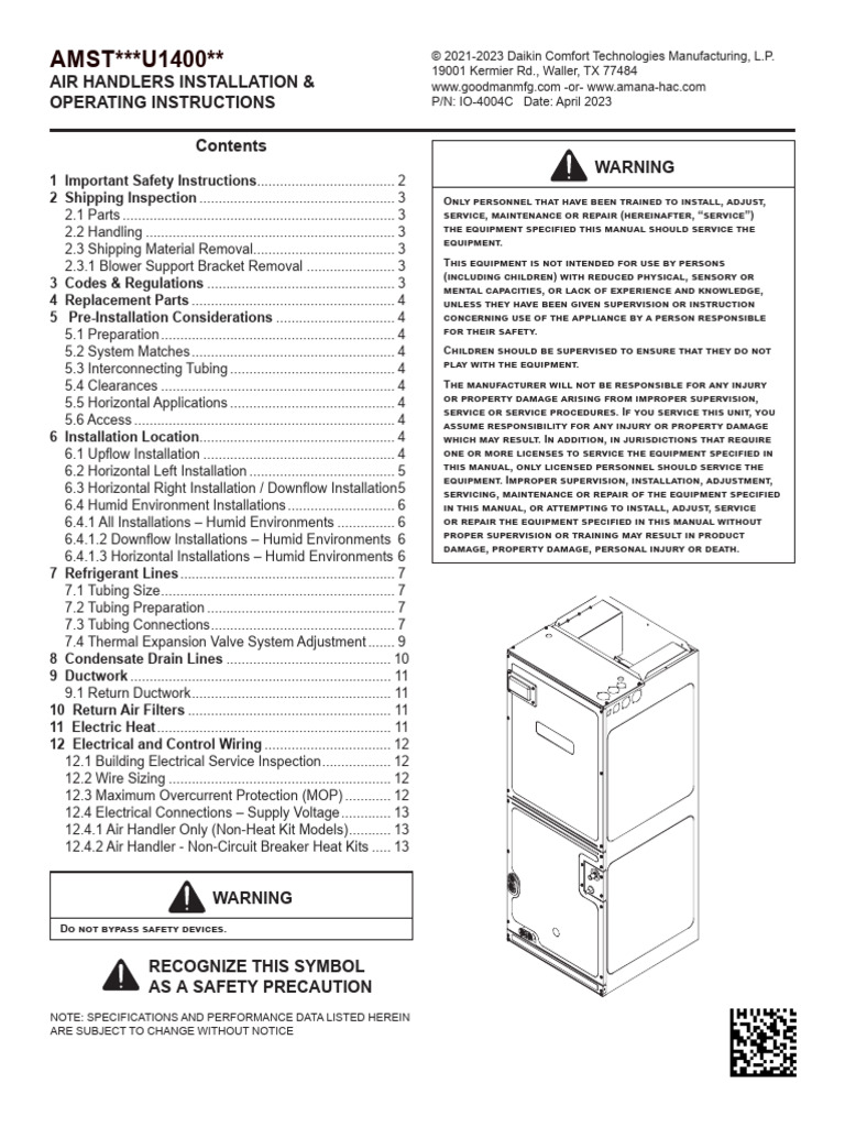 AMST U1400 : Air Handlers Installation & Operating Instructions Warning ...