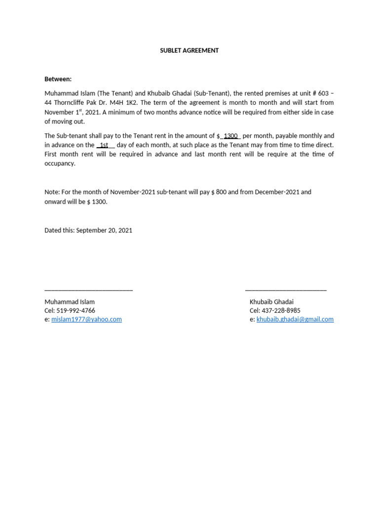 Sublet Agreement | PDF