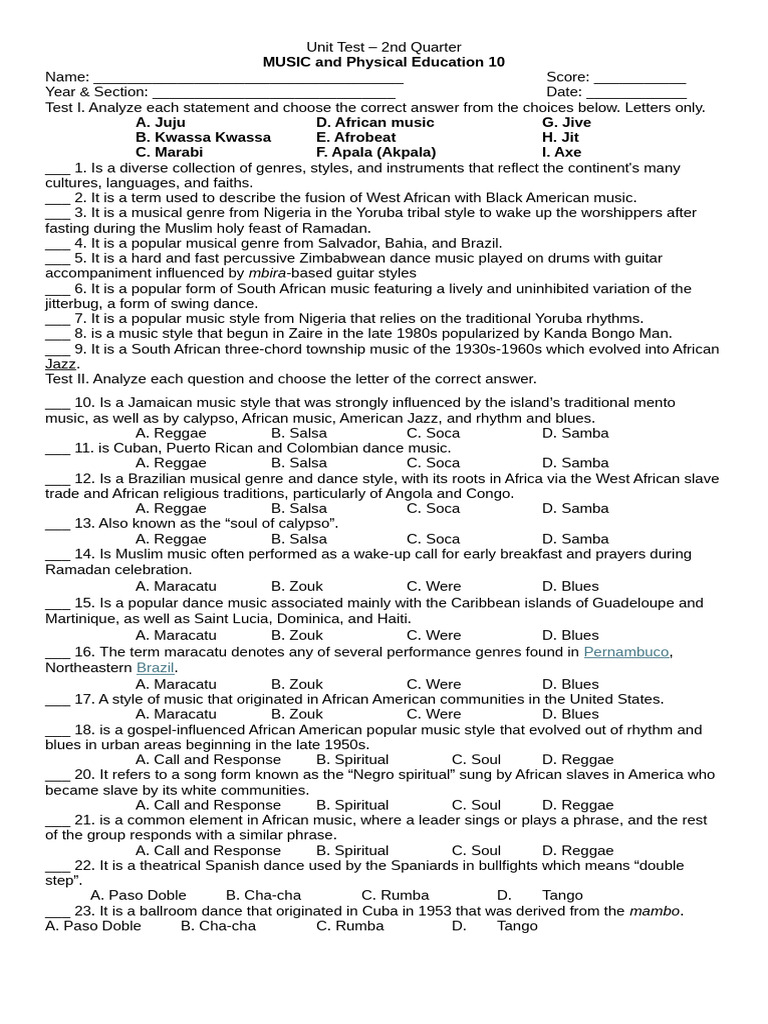Unit Test - Music - PE - 2ndquarter | PDF | Musical Subgenres ...