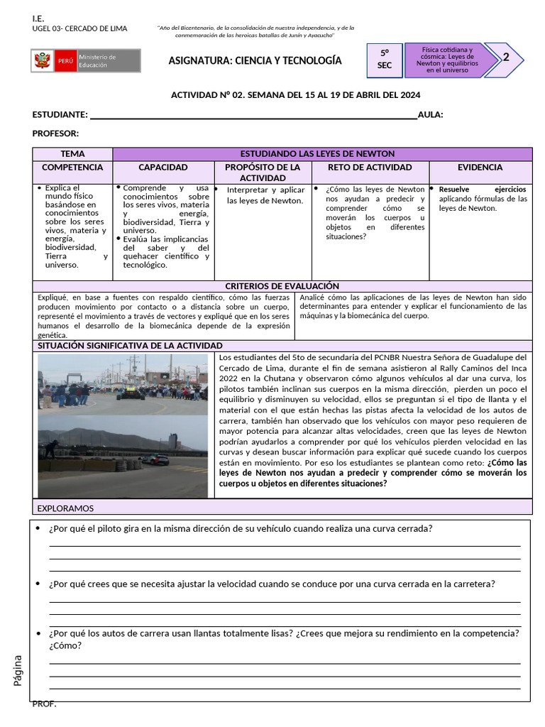 (PDF) 5°sec - UNIDAD 2 - ACTIVIDAD 2 (CyT Explica 2024) - Estudiando Las Leyes de Newton | PDF ...