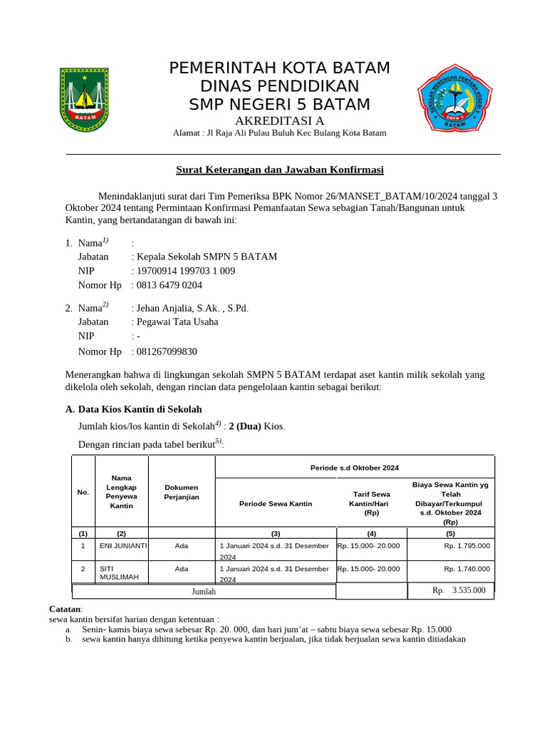 Lampiran Contoh Form Jawaban Surat Konfirmasi Pengelolaan Aset Kantin ...