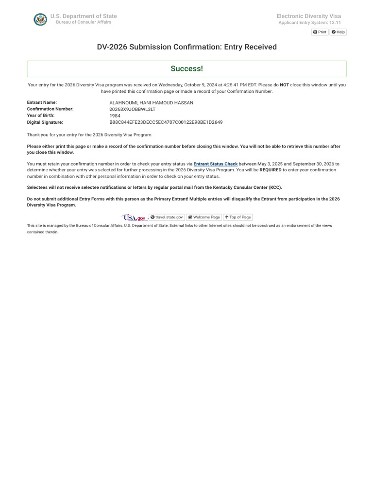 DV-2026 Submission Confirmation Notice | PDF | Immigration | Human ...