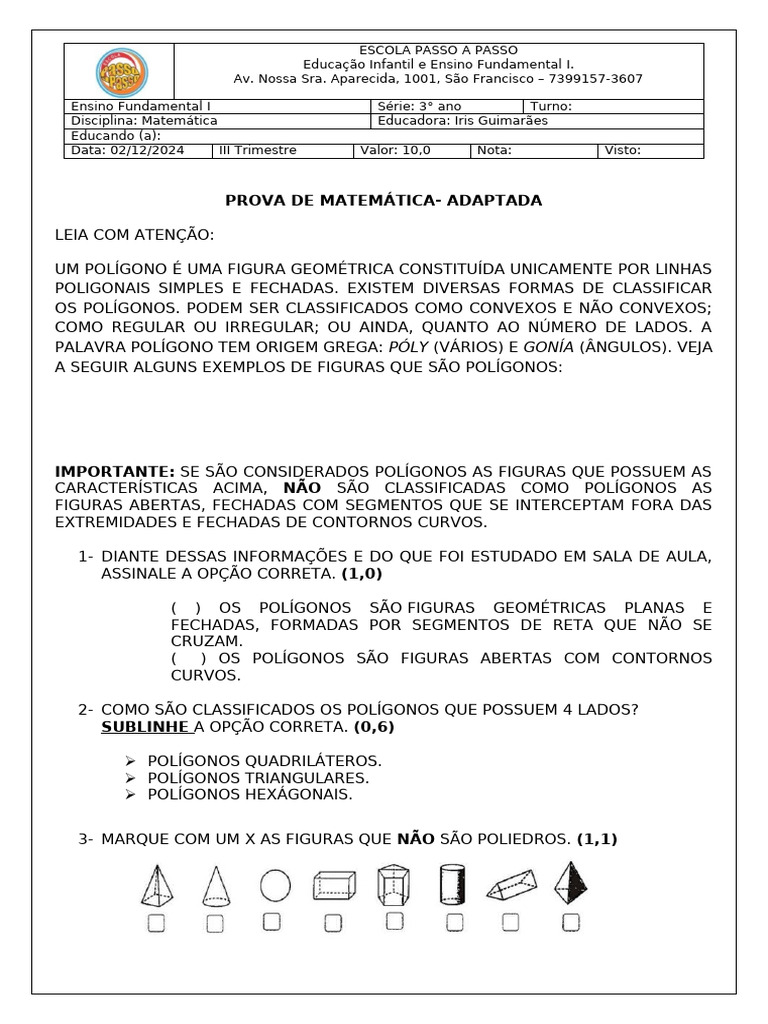 Prova de Matemática 3 Trim - ADAPTADA | PDF | Polígono | Geometria Euclidiana