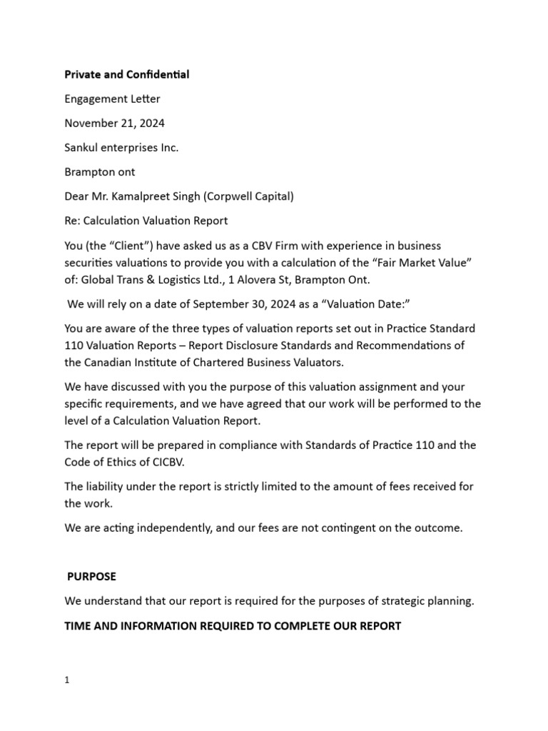 Engagement Letter Corpwell | PDF | Valuation (Finance) | Fair Market Value