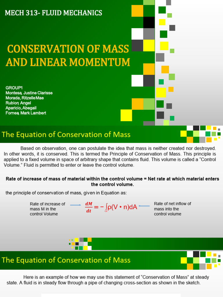 Mech 313 Fluid Mechanics Mass Conservation and Linear Momentum | PDF | Momentum | Force