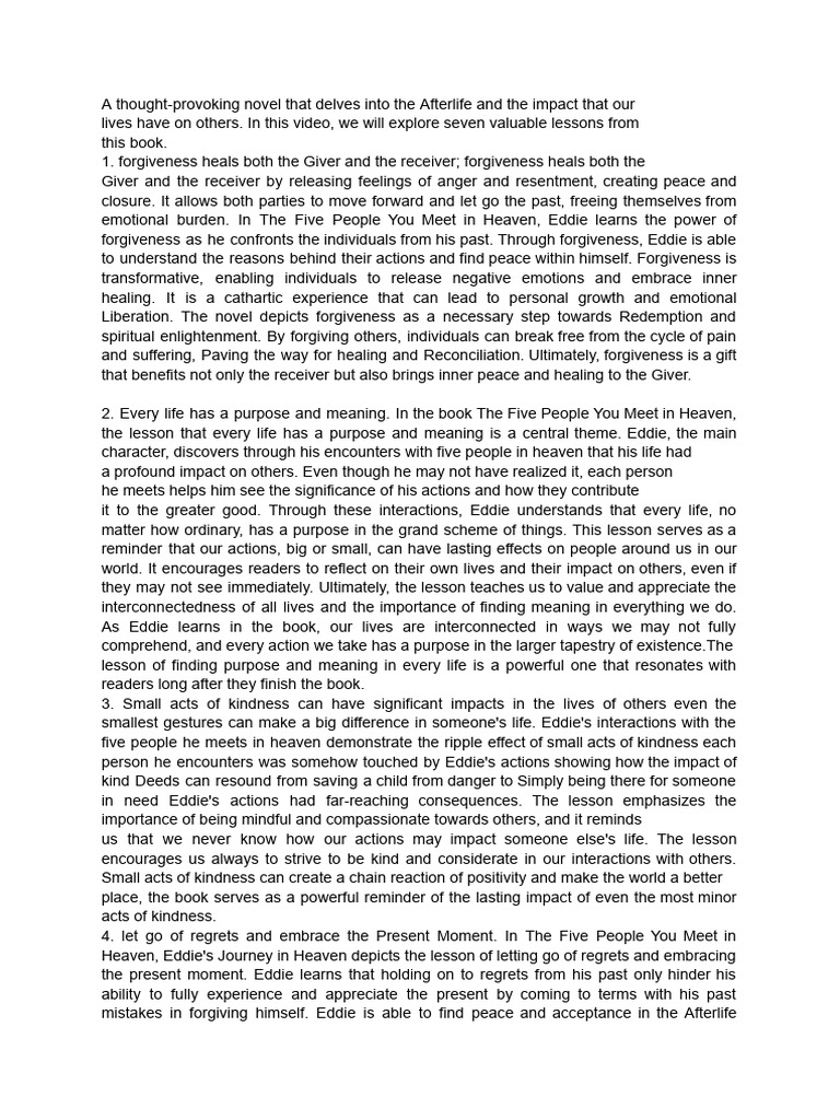 Lessons from 'The Five People You Meet in Heaven' | PDF | Forgiveness ...