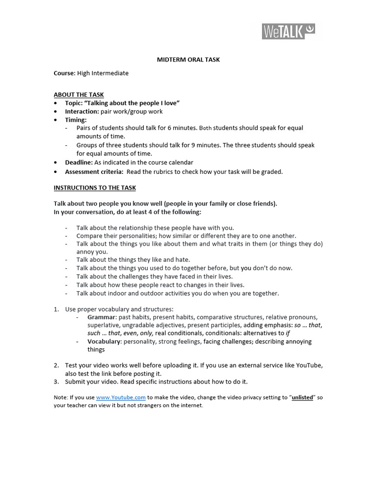 High Intermediate MT ORAL TASK (EA) | PDF | Language Arts & Discipline