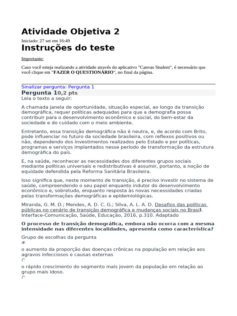 Atividade Objetiva | PDF | Envelhecimento | Terceira idade