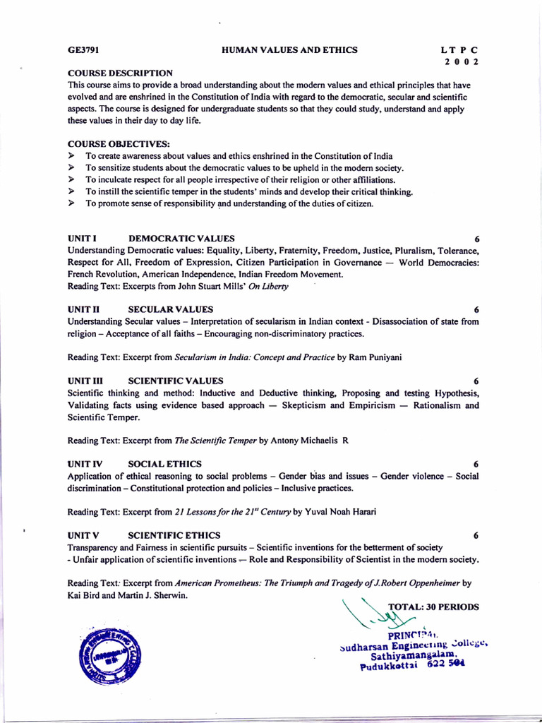 GE3791-Human Values and Ethics | PDF | Democracy | Political Ideologies